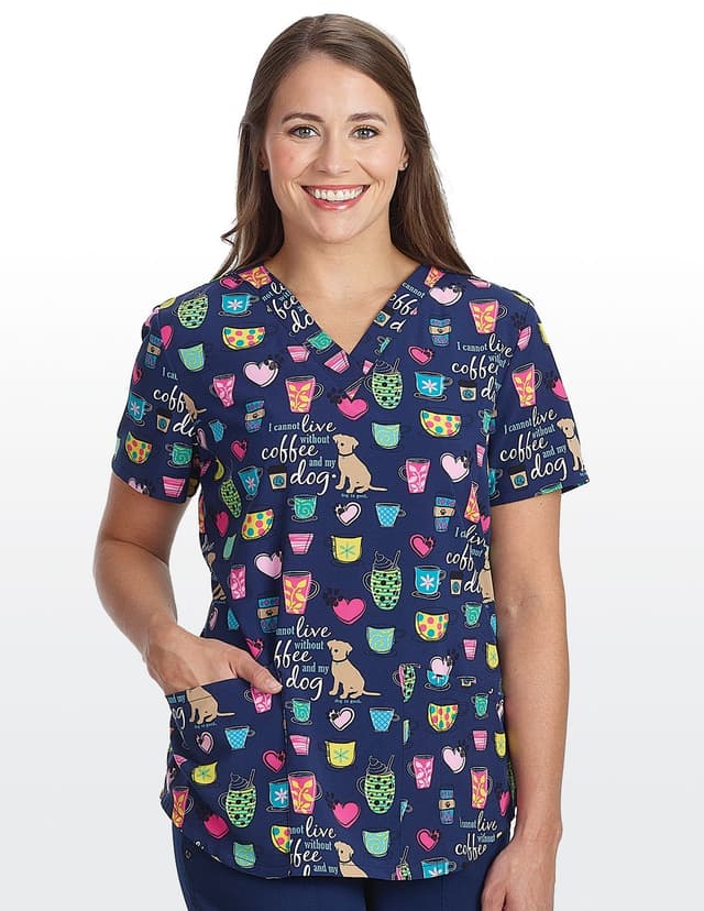 Cherokee Print Scrub Top Coffee and My Dog