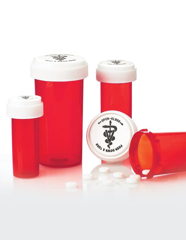 Red Reversible Cap Rx Vials 8 dram/Case Qty 410
